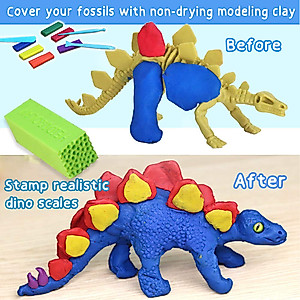 6 Modeling Clay Dinosaurs Crafts - with Silicon Scale Stamp and Non-Dry Modeling Clay - Kids Dinosaur Arts and Crafts for Boys and Girls Age 5-8