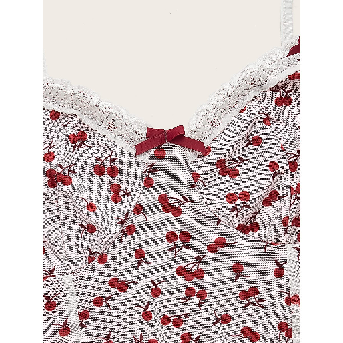 SOLY HUX Women's Cherry Print V Neck Summer Cami Top Bow Lace Trim Sleeveless Summer Crop Tops Red and White L