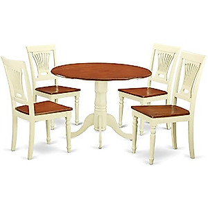 East West Furniture Dublin 5 Piece Modern Set Includes a Round Wooden Table with Dropleaf and 4 Dining Chairs, 42x42 Inch, Buttermilk & Cherry