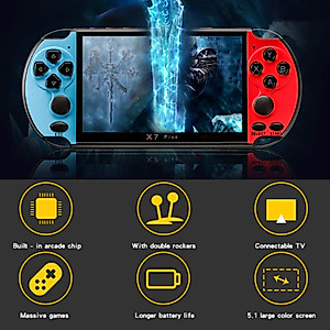 X7 PLUS Handheld Game Console 5.1-inch Dual Joystick Game Console 8GB Built-in 1000 Games Support 32/64/128-bit Video Game Console ( Blue+Red）