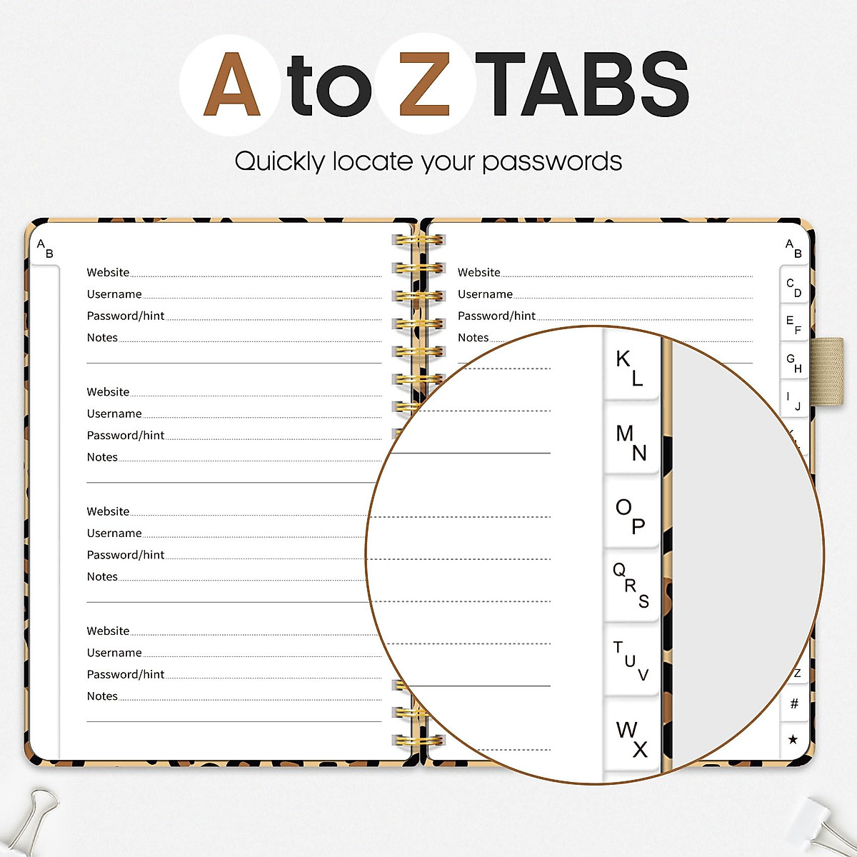 Password Book with Alphabetical Tabs, 5.5" x 6.7" Spiral Password Book, Small Password Books for Seniors, Password Keeper Book to Help You Stay Organized - Leopard