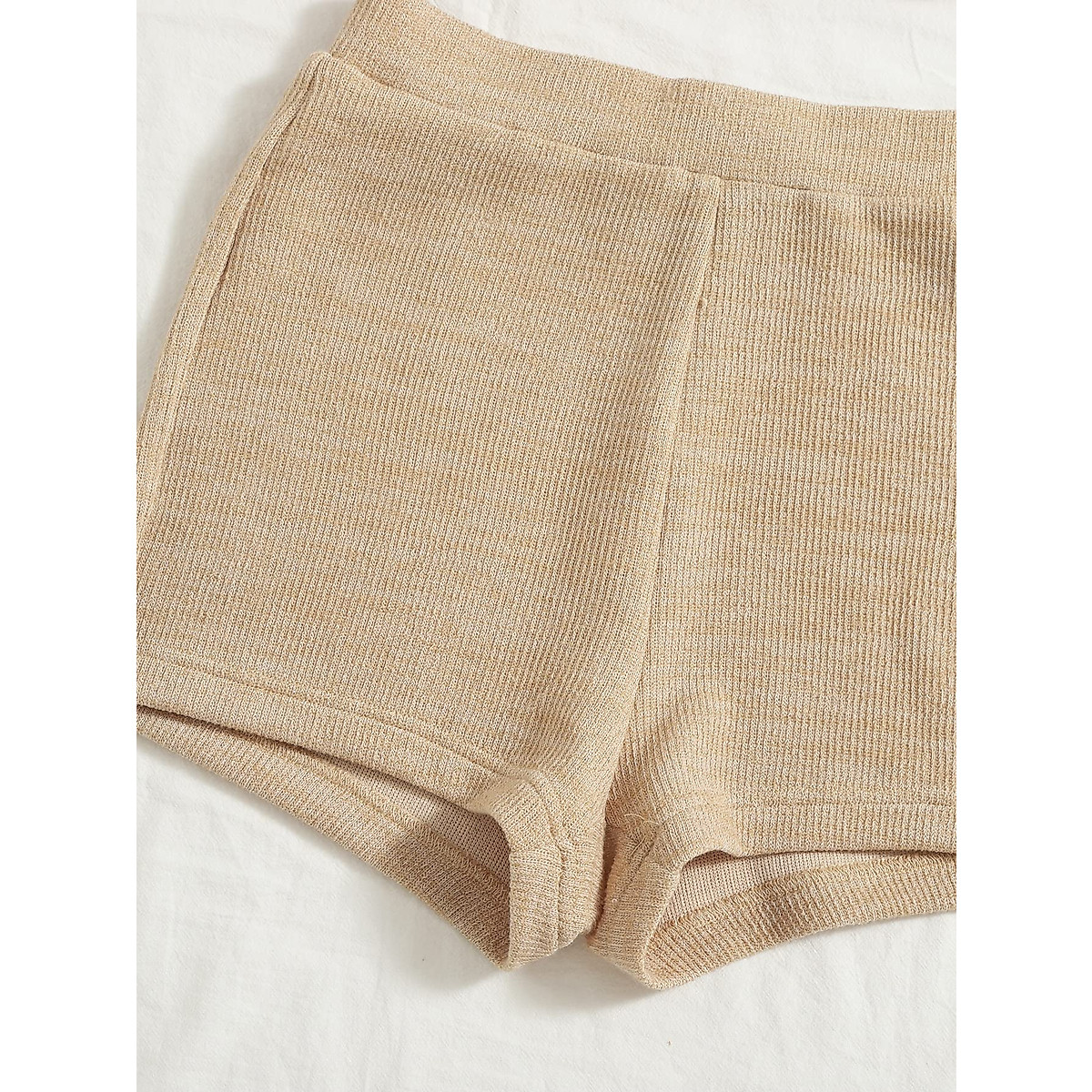 Verdusa Women's 2 Piece Outfit Ribbed Crop Bandeau Tube Top and Biker Track Shorts Sets Khaki M