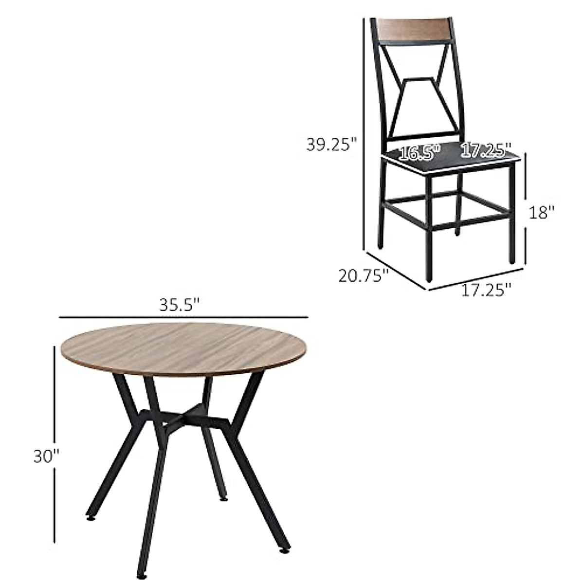 HOMCOM Industrial Dining Table Set for 4, Space-Saving 5 Piece Kitchen Table and Chairs with Round Table, Padded Seat and Steel Frame, Brown