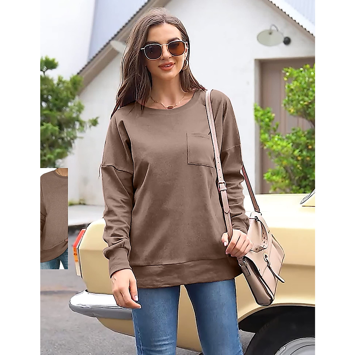 OFEEFAN Oversized Sweatshirts for women Long Sleeve Tunic Tops for Leggings Loose Fit Coffee L