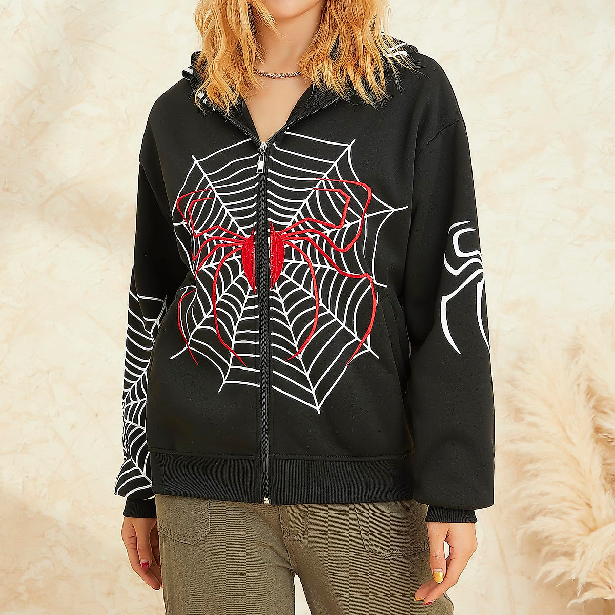 Meiweileya Y2k Full Zip Up Hoodie Spider Skeleton Graphic Jackets for Women Man Teen Girls Aesthetic Harajuku Clothes