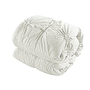 Chic Home Halpert 6 Piece Comforter Set Floral Pinch Pleated Ruffled Designer Embellished Bed Skirt and Decorative Pillows Shams Included, Queen, White