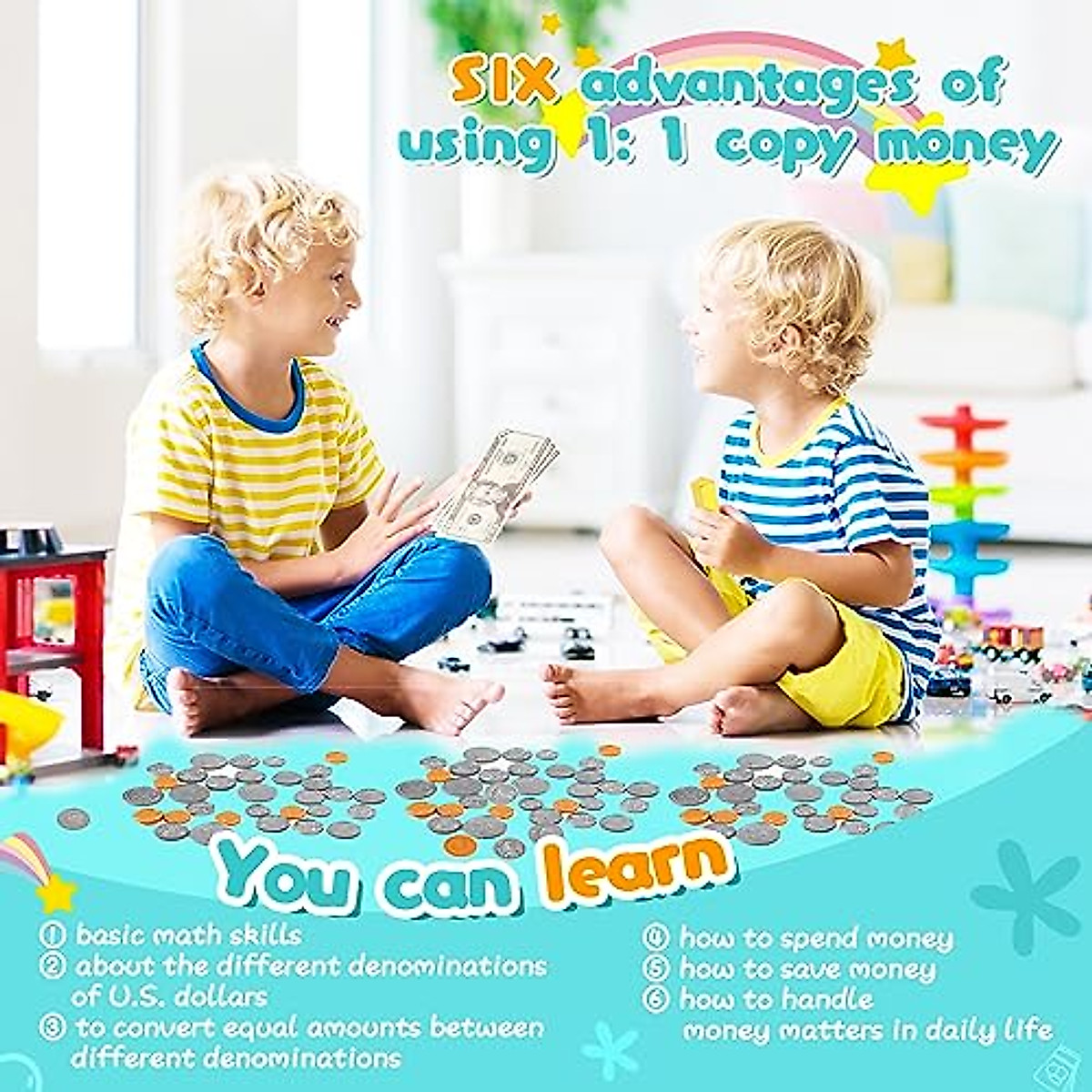 Quiet Flower Learning Pretend Play Coin, Copy Pretend Coins Toys for Kids, Prop Fake Coins and Banking Play Toys Set(200pcs)