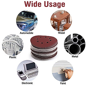 LotFancy 5 Inch 8 Hole Sanding Disc, 60PCS 40 60 80 100 180 240 Grit Assorted Sandpaper, Random Orbital Sander Pad, Hook and Loop Sand Paper