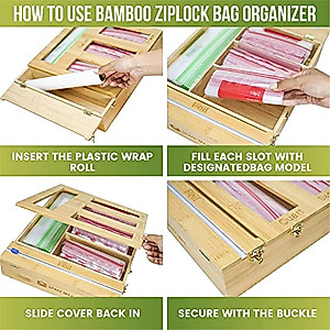 Space Max Bamboo Ziplock Bag Organizer for Drawer With Cutter - Perfectly Fits Ziplock Slider Bags and 12 inches Aluminum Foil Roll - Kitchen Organizer Ebook Included
