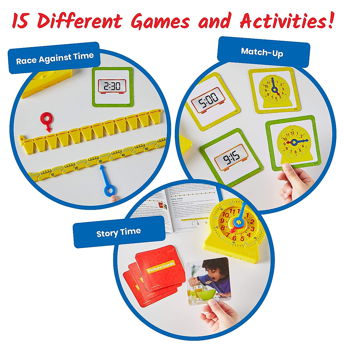 hand2mind Telling Time Basics Center Kit, NumberLine Learn to Tell Time Activity Set, Telling Time Teaching Clock Activities, Analog Classroom Clock for Kids, Math Manipulatives for Elementary School