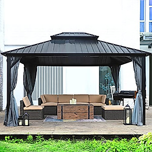 VEIKOU 12' X 14' Hardtop Gazebo, Patio Gazebo w/Double Roof & Aluminum Frame, Heavy Duty Gazebos and Pergolas w/Netting and Curtains for Garden, Deck, Backyard