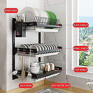 junyuan Hanging Dish Drying Rack Wall Mount,Dish Racks Drainer,3 Tier Kitchen Plate Organizer Storage Shelf with Drain Tray with 3 Hooks,Stainless Steel Black Coating (3 Tier, 21.8)