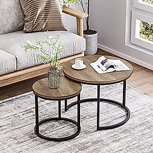 Smuxee Nesting Coffee Table Set of 2, 23.6" Round Coffee Table Wood Grain Top with Adjustable Non-Slip Feet, Industrial End Table Side Tables for Living Room Bedroom Balcony Yard