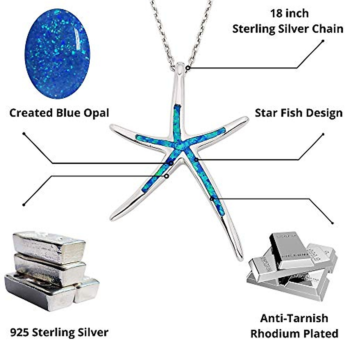 Beaux Bijoux Sterling Silver Created Opal Starfish Pendant w/ 18" Chain
