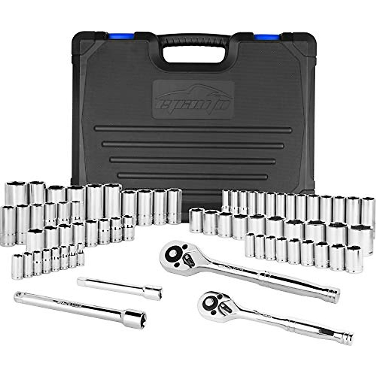 69 Pieces - EPAuto 1/4” & 3/8” Drive Socket Set with Pear Head Ratchet, Chrome (92-824)