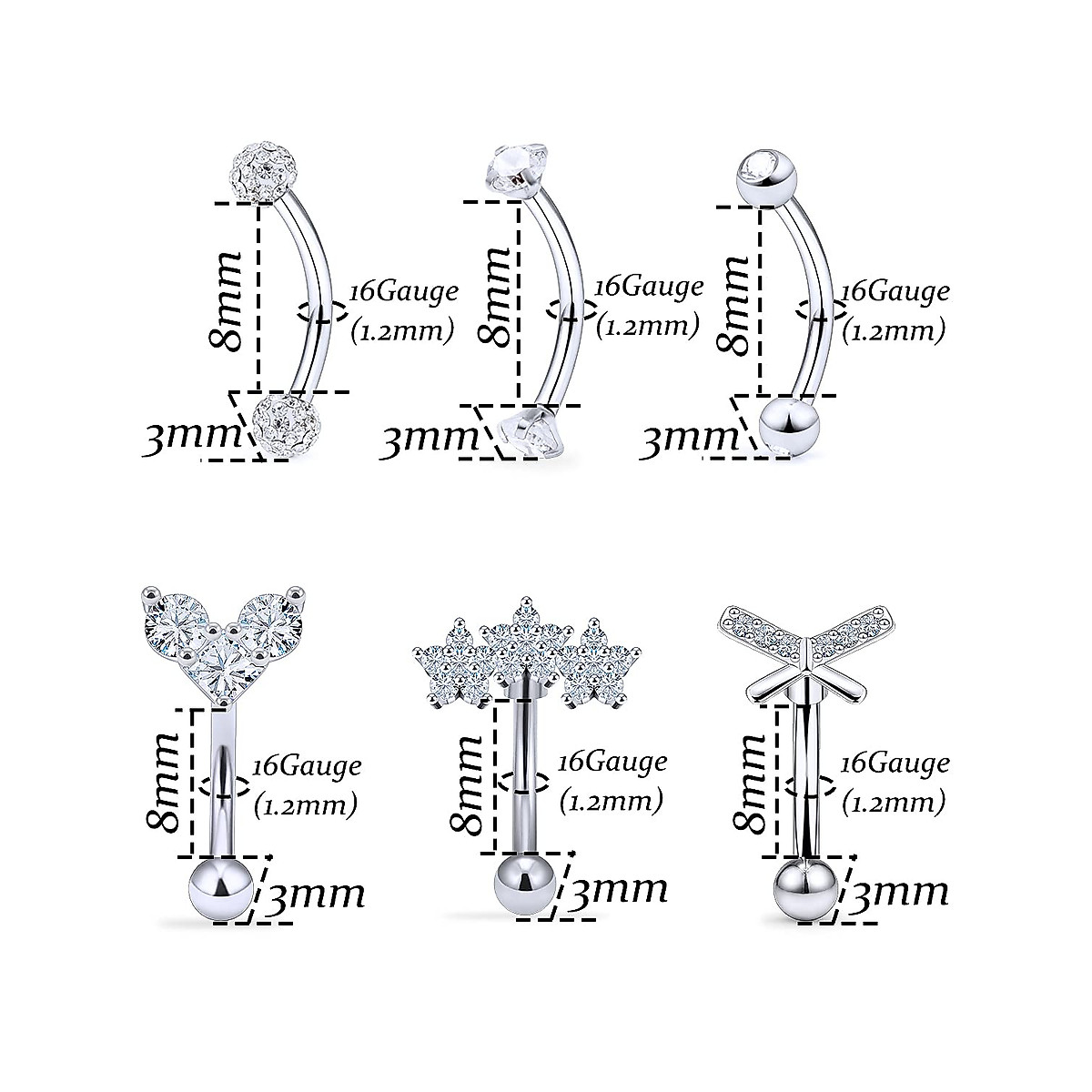 Vsnnsns 16G Rook Daith Piercing Jewelry Stainless Steel 8mm Curved Barbell Eyebrow Rings Cartilage Helix Tragus Belly Lip Rings CZ Piercing Jewelry Daith Rook Earrings for Women Men 12pcs Silve