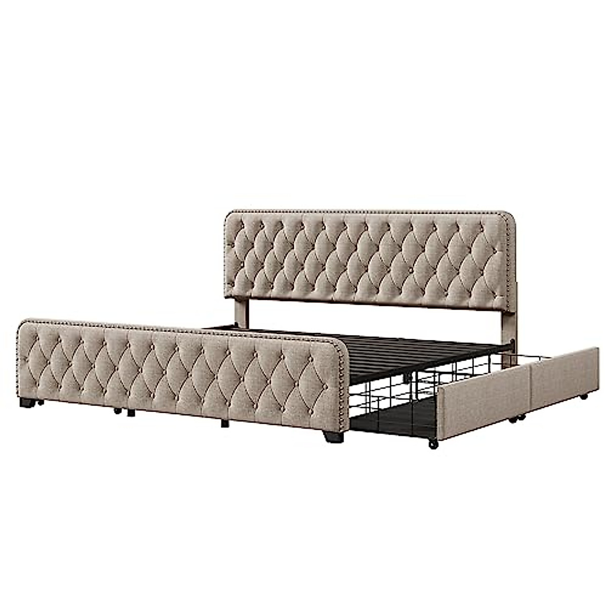 King Size Upholstered Platform Bed Frame with 4 Storage Drawers, Metal Bed Frame with Button Tufted Headboard and Footboard Sturdy Wood Slat Support, No Box Spring Required, Beige (Beige-KZC9A)
