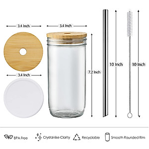[ 4 Pack ] Glass Cups Set - 24oz Mason Jar Drinking Glasses w Bamboo Lids & Straws & 2 Airtight Lids - Cute Reusable Boba Bottle, Iced Coffee Glasses, Travel Tumbler for Bubble Tea, smoothie, Juice