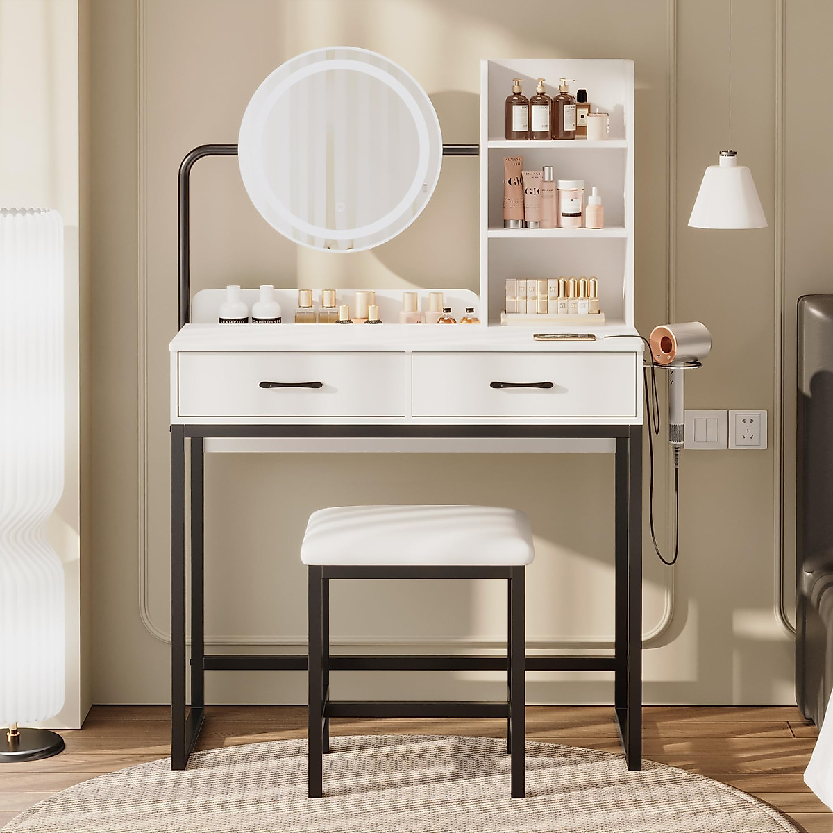 Dowinx Vanity Desk with LED Lighted Mirror & Power Outlet, White Vanity Desk with Adjustable 3 Lighting Modes, Small Vanity Desk for Bedroom, Makeup Vanity with Chair for Girl, White and Black