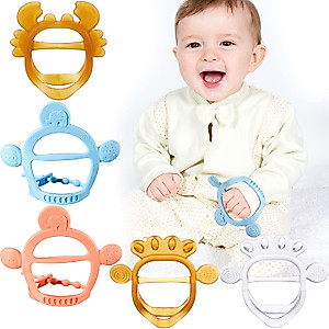 BBTO 5 Pcs Baby Hand Teether Toys for 0-6 and 6-12 Months Toddler Christmas Silicone Hand Teether Gifts with Adjustable Wristband Anti Dropping Chew Toys for Toddler Infant Newborn