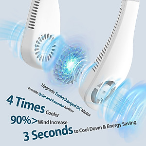 YUSSOT Neck Fan, Portable Neck Fan Rechargeable, Hands Free Bladeless Fan, Battery Powered Wearable Personal Fan, Low Noise Long Time Use 360° Cooling Bladeless Personal Cooling Fan, 3 Speeds White