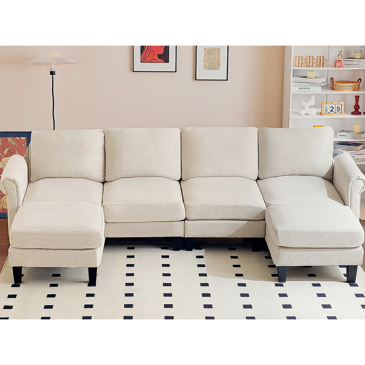 Redlife 110" Modular Sectional Sofa, Sectional Couches for Living Room, U Shaped Sectional Couch Convertible Sectional Sofa with Double Chaise, Comfy U Shaped Sectional Sofa for Living Room (Beige)