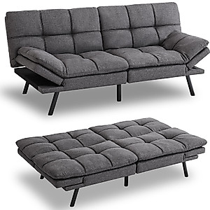Maxspeed Futon Sofa Bed Memory Foam Couch Convertible Modern Loveseat Sleeper Sofa Adjustable ArmrestsMetal Legs,Multifunctional Futon Sofa BedLiving Room,,Small Spaces(Grey),Grey 1(267FA-DGY-06)
