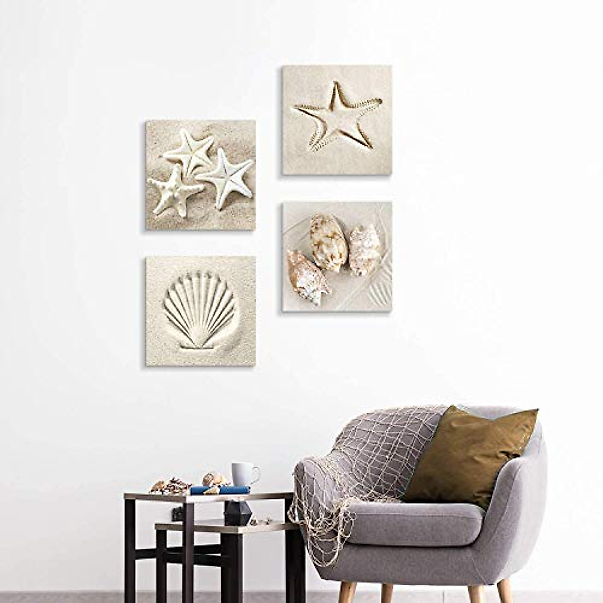 Coastal Serene Canvas Wall Art: Shells on Beach Sand Giclee Print Painting for Wall Decor for SPA Room (12''x12''x4pcs)