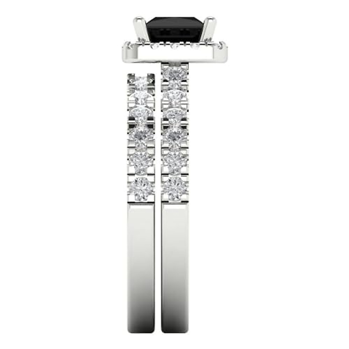 1.54 carat Princess Cut Halo Solitaire Natural Black Onyx Wedding Anniversary Bridal Ring band set 14k White Gold 6