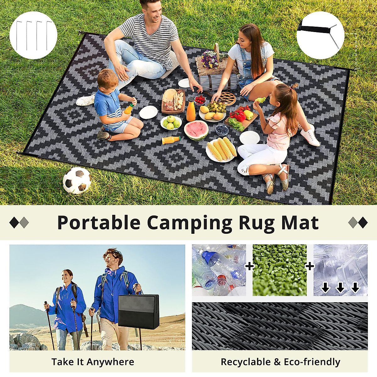 Outdoor Camping Rug Waterproof 6x9FT, Large Reversible Stain&UV Resistant Plastic Straw RV Rug for Outside Patio Pool Deck Beach Indoor, Area Carpet Mat with Portable Bag&4 Stakes-Black Grey Rhombus