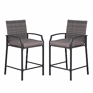 JOIVI Outdoor Wicker Bar Stools Set of 4, Patio Rattan Counter Height Chairs with Cushions, Armrest and Footrest for Indoor, Garden, Poolside, Lawn, Backyard