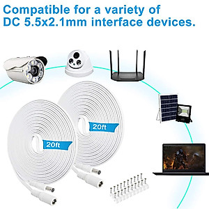 2 Pack 20FT DC Power Extension Cable,2.1mm x 5.5mm 12v DC Extension Cord Power Supply Adapter for CCTV Security Camera Surveillance Indoor IP Camera,LED Strip,12 Volt Male to Female Plug Flat Cable