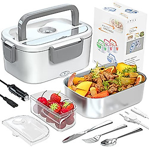 Adocfan Electric Lunch Box Food Heater 100W,3 in 1 Portable Heated Lunch Box for Car Truck Home Work Adults Food Heating,1.5L Removable Stainless Steel Container,110V/12V/24V（No Bag）