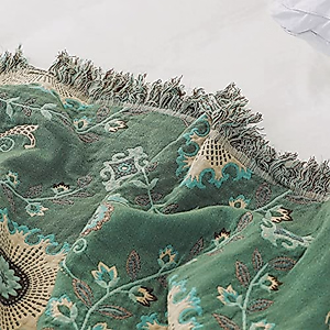 Skrmisda Bohemian Throw Blanket, Boho Blankets 90x98 Inch King Cotton Reversible Ultra Soft Light Quilt Comfy Cozy Bedding Coverlet Sofa Throw(Green+Beige)
