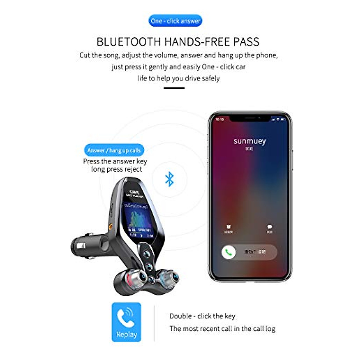 Bluetooth 5.0 FM Transmitter for Car, QC3.0 & TFT Colorful Display Wireless Bluetooth FM Radio Adapter Four Music Player Mode/Car Kit，Hands-Free Calls Support TF Card/U Disc Aux Input/Output