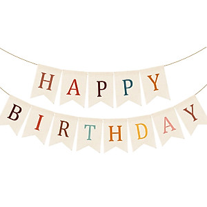 Doumeny Happy Birthday Burlap Banner Boho Birthday Garland Banner Bohemian Birthday Party Banner Rustic White Birthday Bunting Garland Rainbow Birthday Banner for Women Men Birthday Kid Photo Backdrop