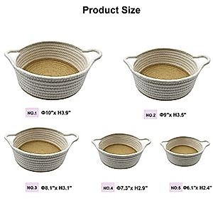 BSMstone 5-Piece Round Small Woven Baskets Set - 100% Natural Cotton Rope Baskets with HandlesKids Montessori Toys, Key Tray,Bowl for Entryway, Jewelry Remote Fruits Desk Home Decor…