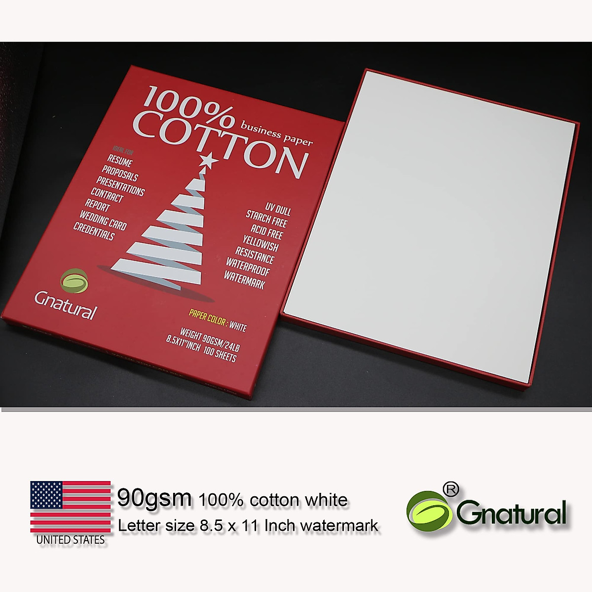 100% Cotton Paper，8.5 x 11 inch Business Paper, 24lb Inkjet Laser Printing Paper, White Color Waterproof Watermark Paper - 100 Sheets Low Starch