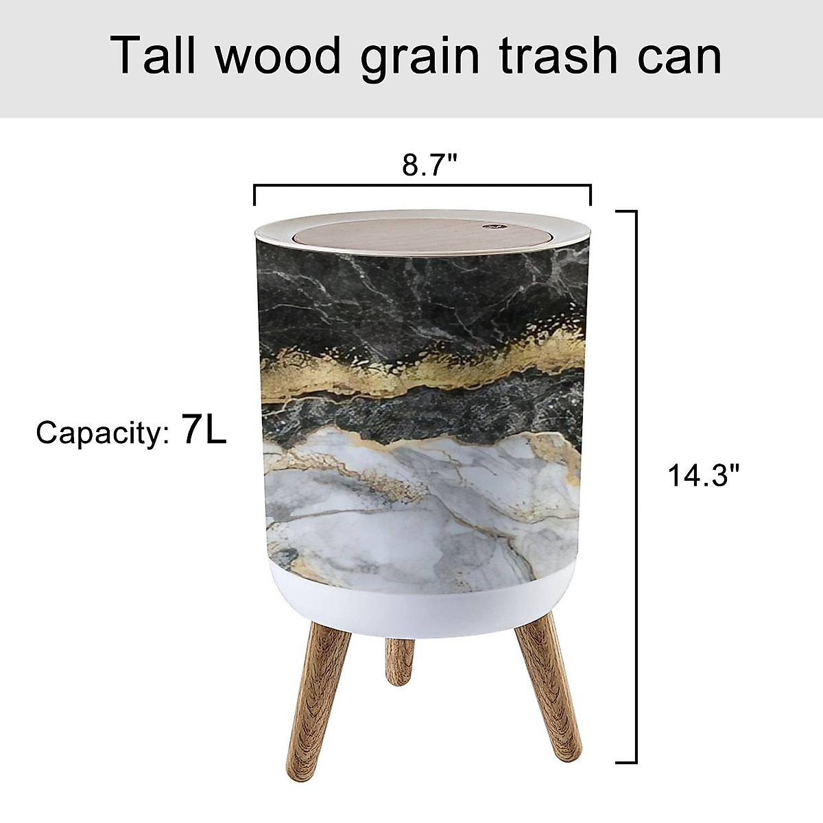 Small Trash Can with Lid abstract creative texture of marble and gold foil decorative marbling Round Recycle Bin Press Top Dog Proof Wastebasket for Kitchen Bathroom Bedroom Office 7L/1.8 Gallon