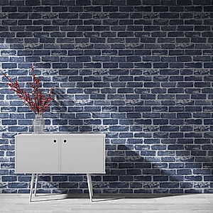 Timeet Brick Wallpaper Peel and Stick Wallpaper Blue Self-Adhesive Wallpaper 17.7" x 197" Removable Wallpaper Faux Brick Wallpaper for Bedroom Living Room Decor Vinyl Roll