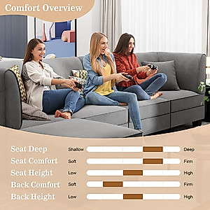 Vongrasig 5 Pieces Sectional Couch Modular Sofa with Reversible Chaise 116" Velvet L-Shaped Couch Sofa 4-seat Modular Large Sectional Couch with Ottoman for Living Room, Upholstered Cushion (Grey)