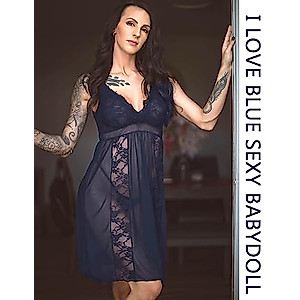 Avidlove Sexy Lingerie for Women Sheer Lace Chemise Nightgowns Bridal Nighty Blue Gray,M