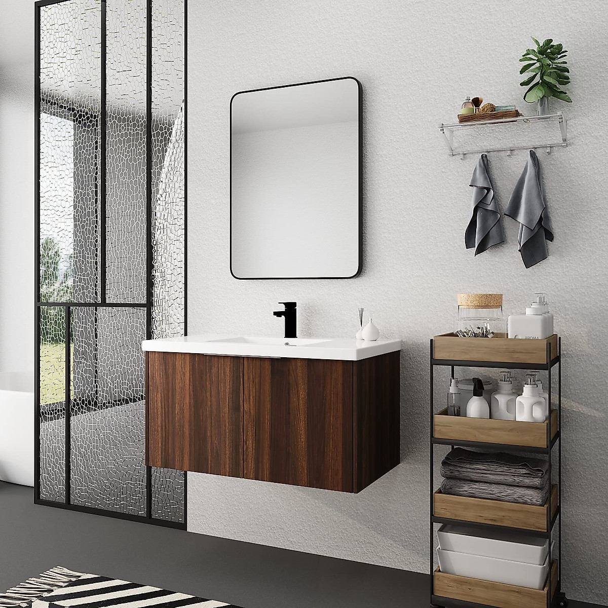 Float Mounting Bathroom Vanity with Sink - 36 Inch Wood Hanging Bath Cabinet with Sink, Soft Close Doors, Modern Bathroom Vanity Set with Top Basin & Storage Cabinet for Apartment Dorm
