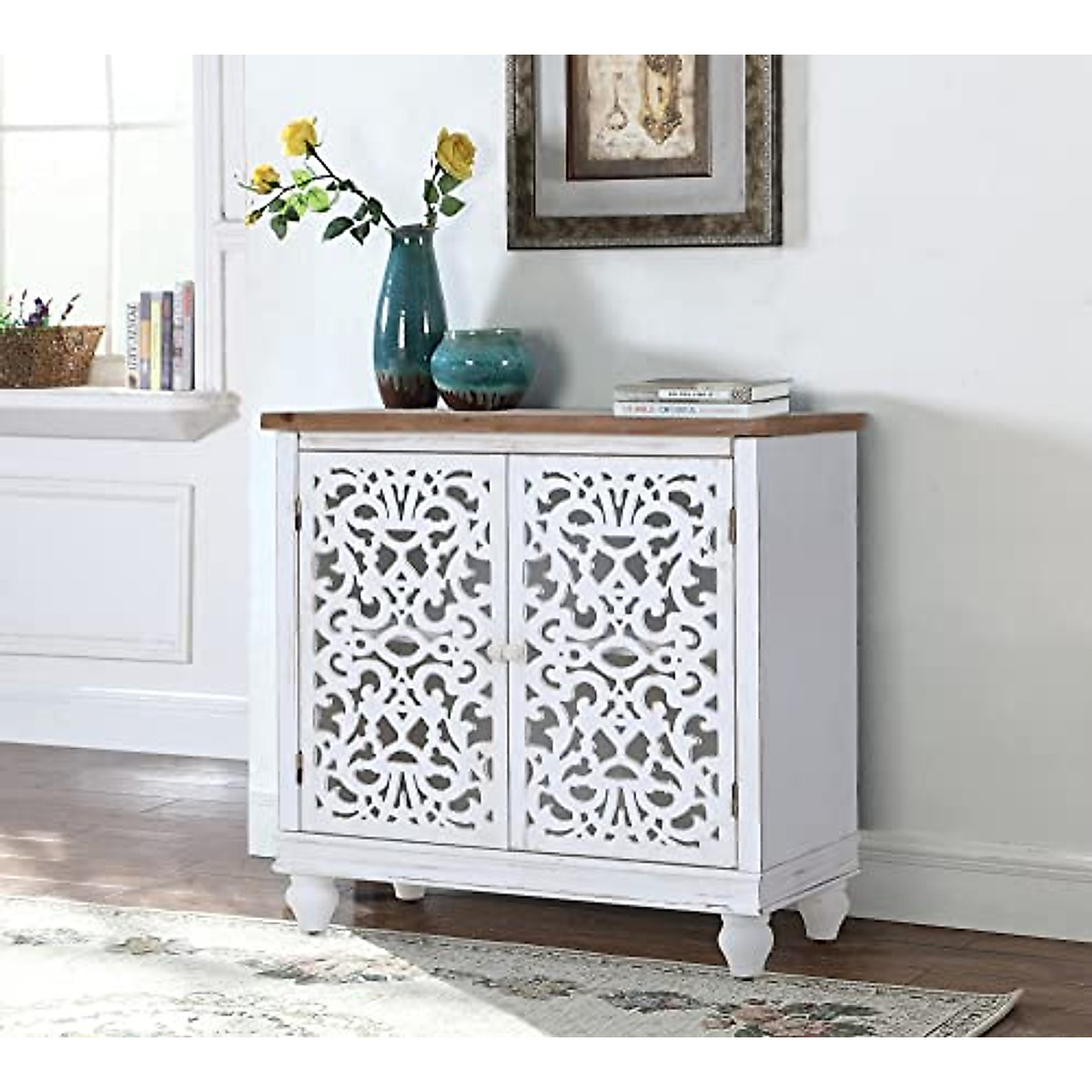 MAISON ARTS White Accent Cabinet with 2 Doors Storage Sideboard Buffet Cabinet for Living Room Kitchen Farmhouse Decorative Distressed Tall Bedroom Cabinet with Hollow Carved Doors