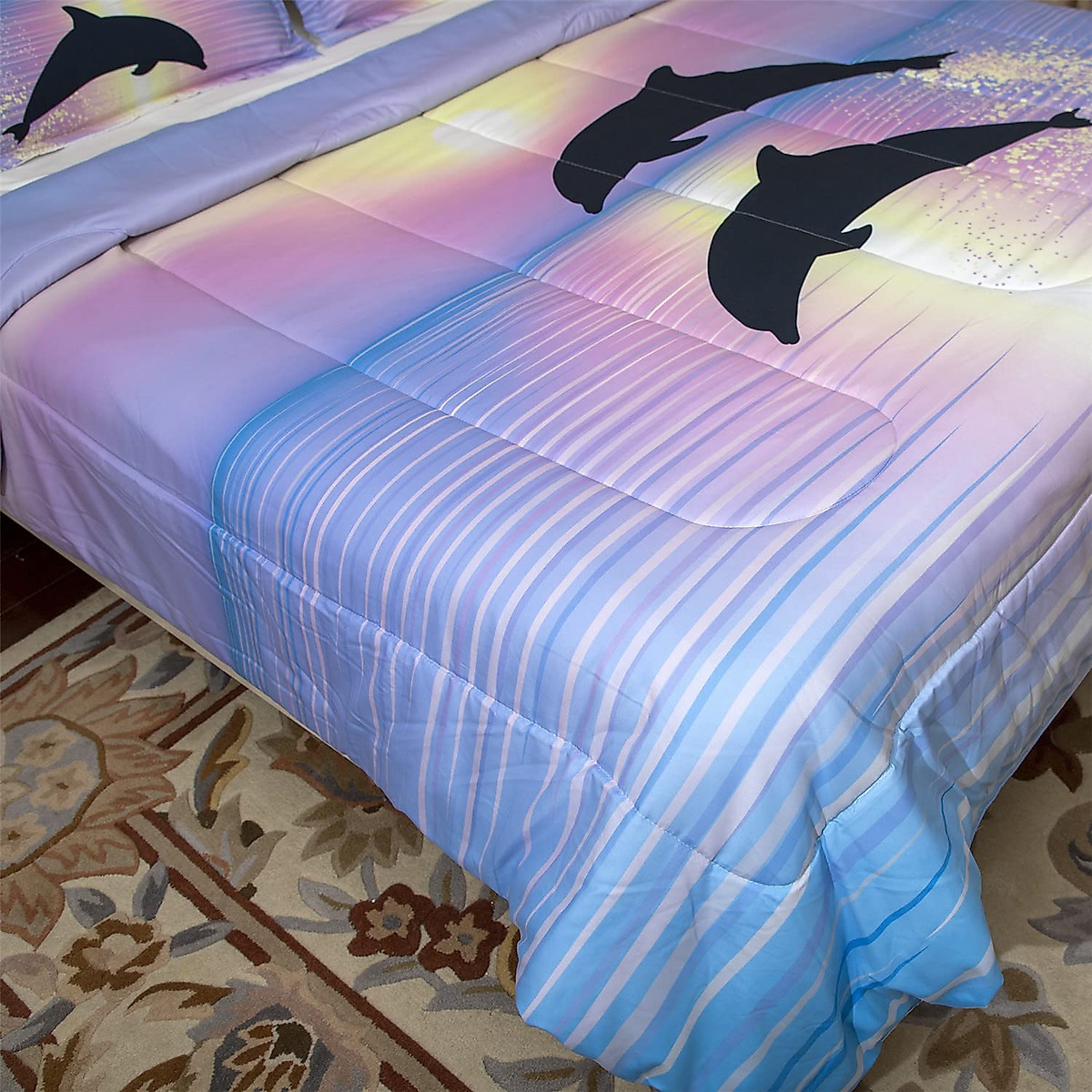 Blue and Purple Ocean Sunset Comforter Sets 3 Pieces Kids Twin Size Quilted Bedding 3D Dolphins Bed in a Bag for Boys Girls Animal Quilt Queen (034Comforter, Twin)