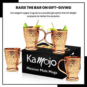Kamojo Moscow Mule Cups Set of 4 - Premium Moscow Mule Copper Mugs with Unique Embossed Design & Anti-Tarnish, Food-Grade Coating - Copper Cups Gift Set with 4 Copper Straws & Recipe E-Book, 16 oz