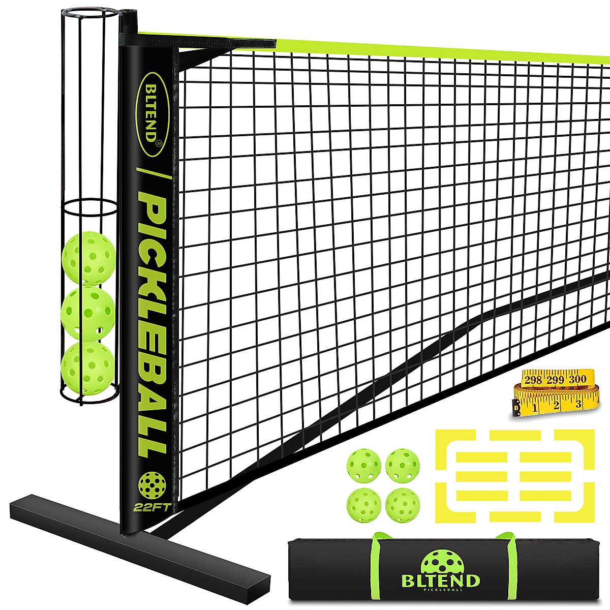 Bltend Pickleball Set - 22FT Regulation Size Portable Net, 4 Pickle Balls, Court Marker, Carry Bag and Tape Measure - Indoor Outdoor Driveway Gifts