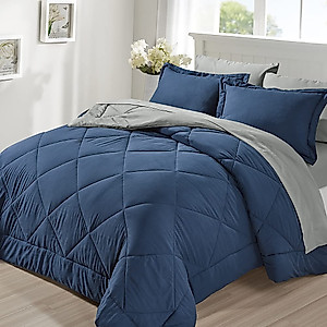 Queen Comforter Set 7 Pieces Bed in a Bag, Full/Queen Reversible Bed Set with Comforter, Flat Sheet, Fitted Sheet, Pillowcases & Shams, Navy Blue and Grey Bedding Sets for Queen Size Bed