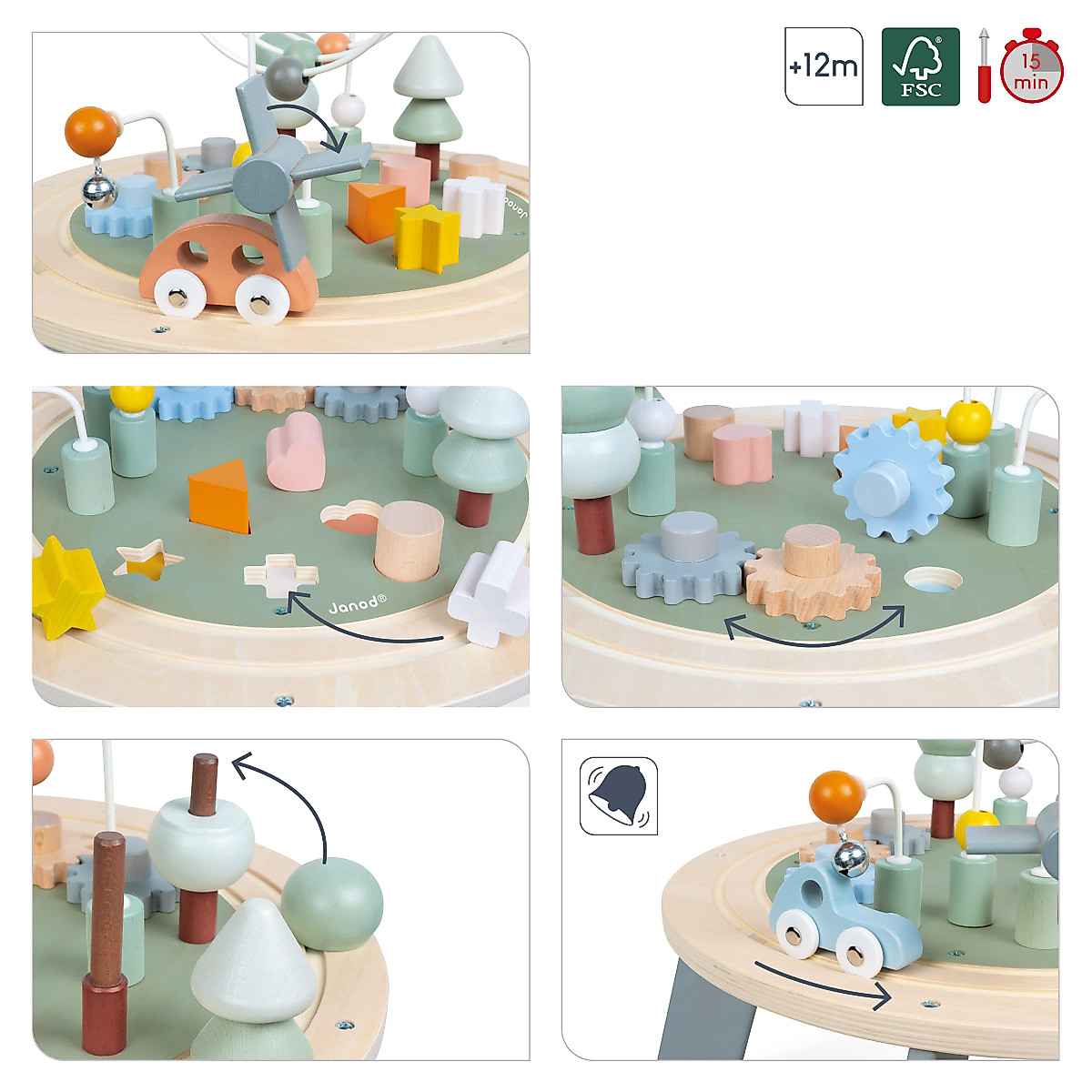 Janod J04402 Sweet Cocoon Wooden Activity Multi-Play Table Toddlers – Fine Motor Development – Non-Slip Feet – Water Painted and FSC Certified – Suitable for Age 1 Year and Above