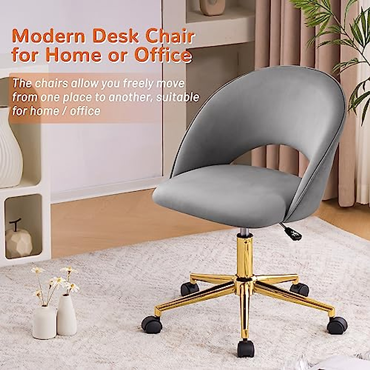Furniliving Velvet Home Office Chair, Cute Desk Chair Swivel Armchair Upholstered Task Chair with Gold Metal Base, Vanity Chair Adjustable Computer Chair Makeup Chair for Living Room (LightGrey)